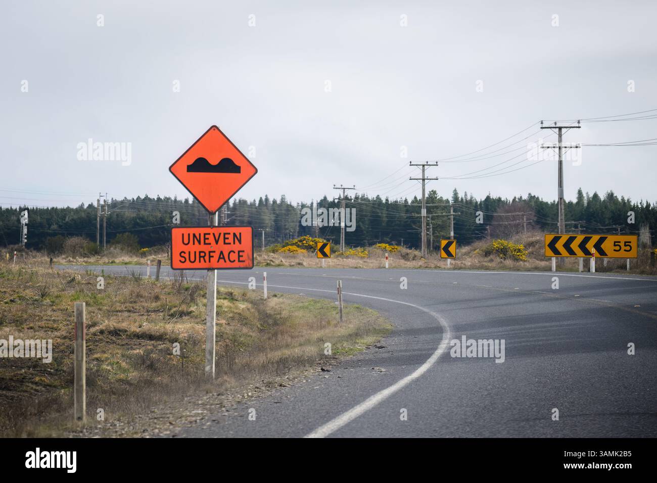 UNEVEN SURFACE road sign on rural road. North Island. New Zealand Stock ...