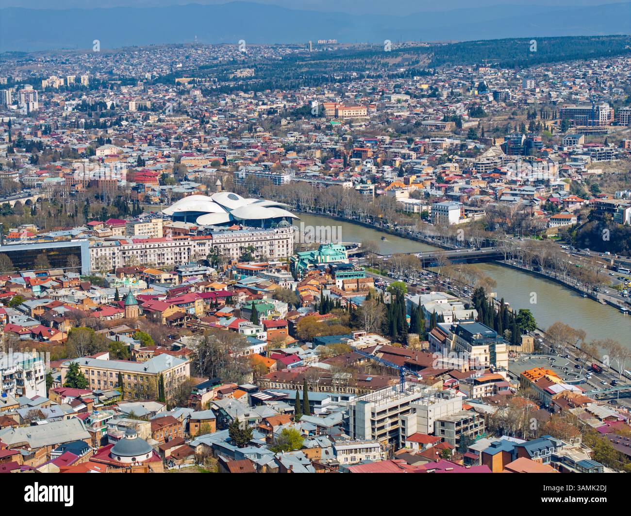 High-resolution drone image of Tbilisi, featuring the Kura River, Rike ...