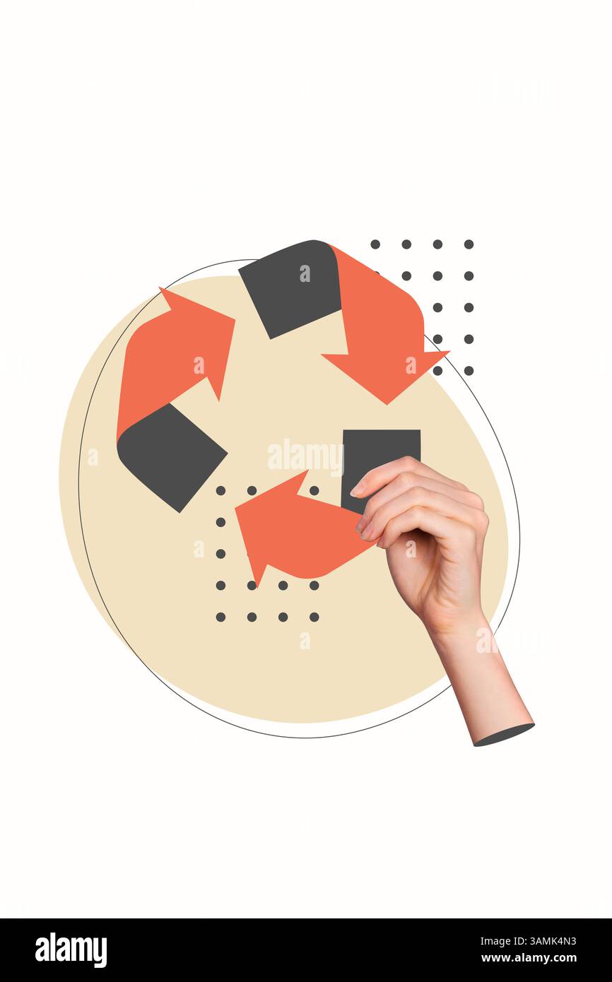 Composite image montage trend collage of hand hold reuse symbol arrow ...