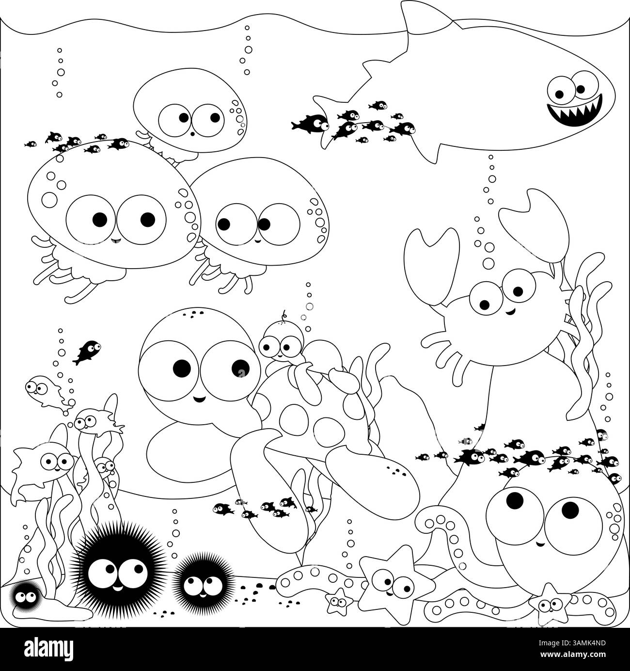 Cartoon sea animals under the sea. Fish, octopus, jellyfish, sea ...