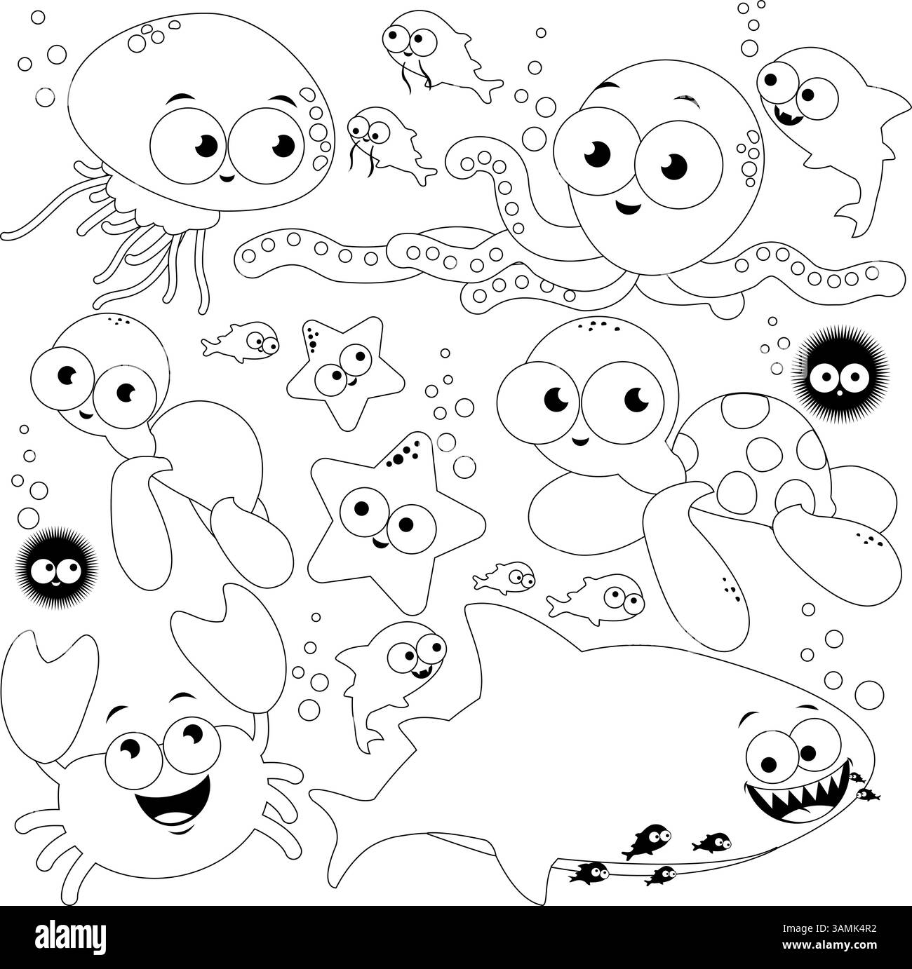 Sea animals swimming in the sea. Octopus, fish, jellyfish and shark ...