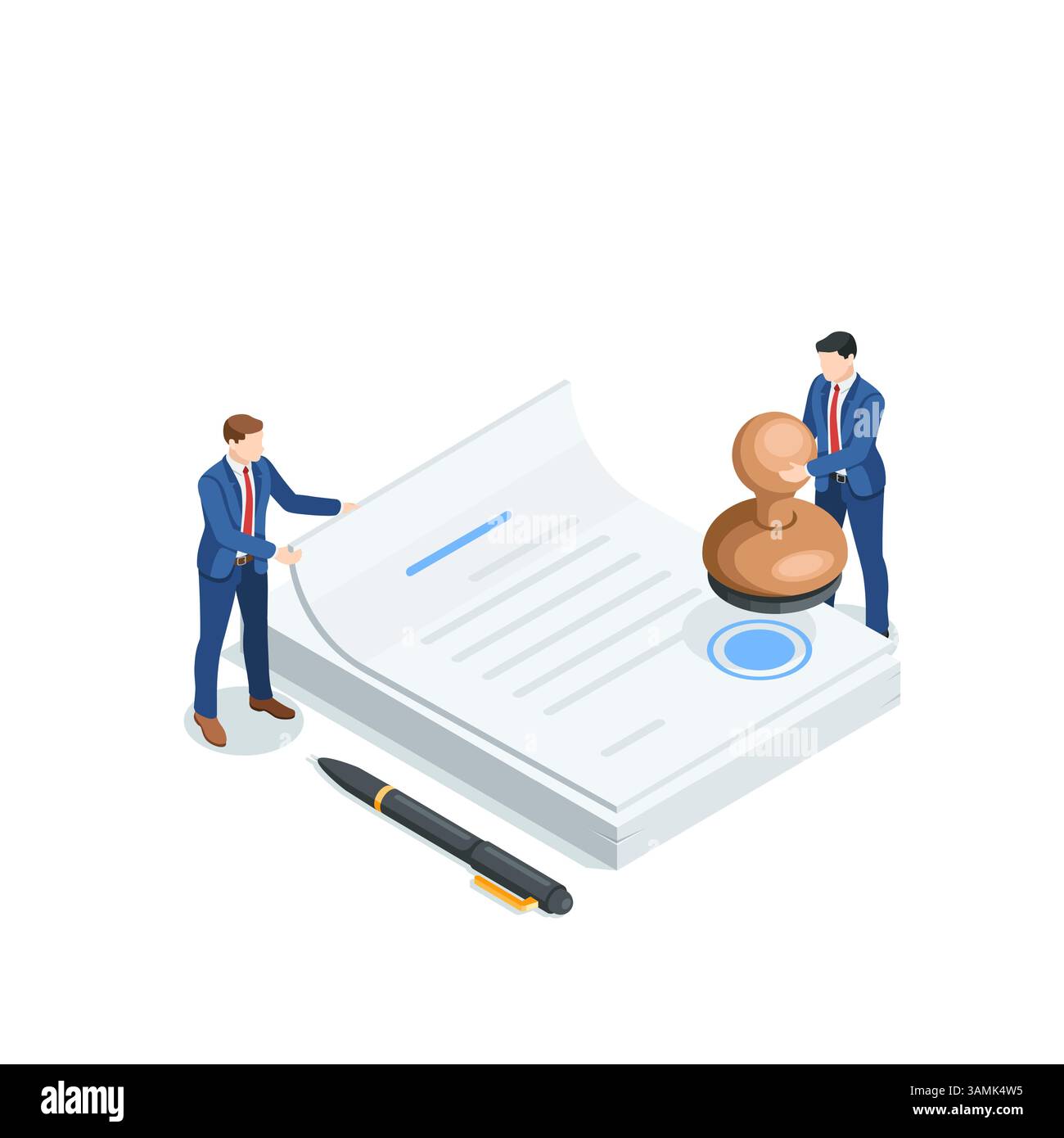 isometric vector business man putting a stamp on a document, in color ...