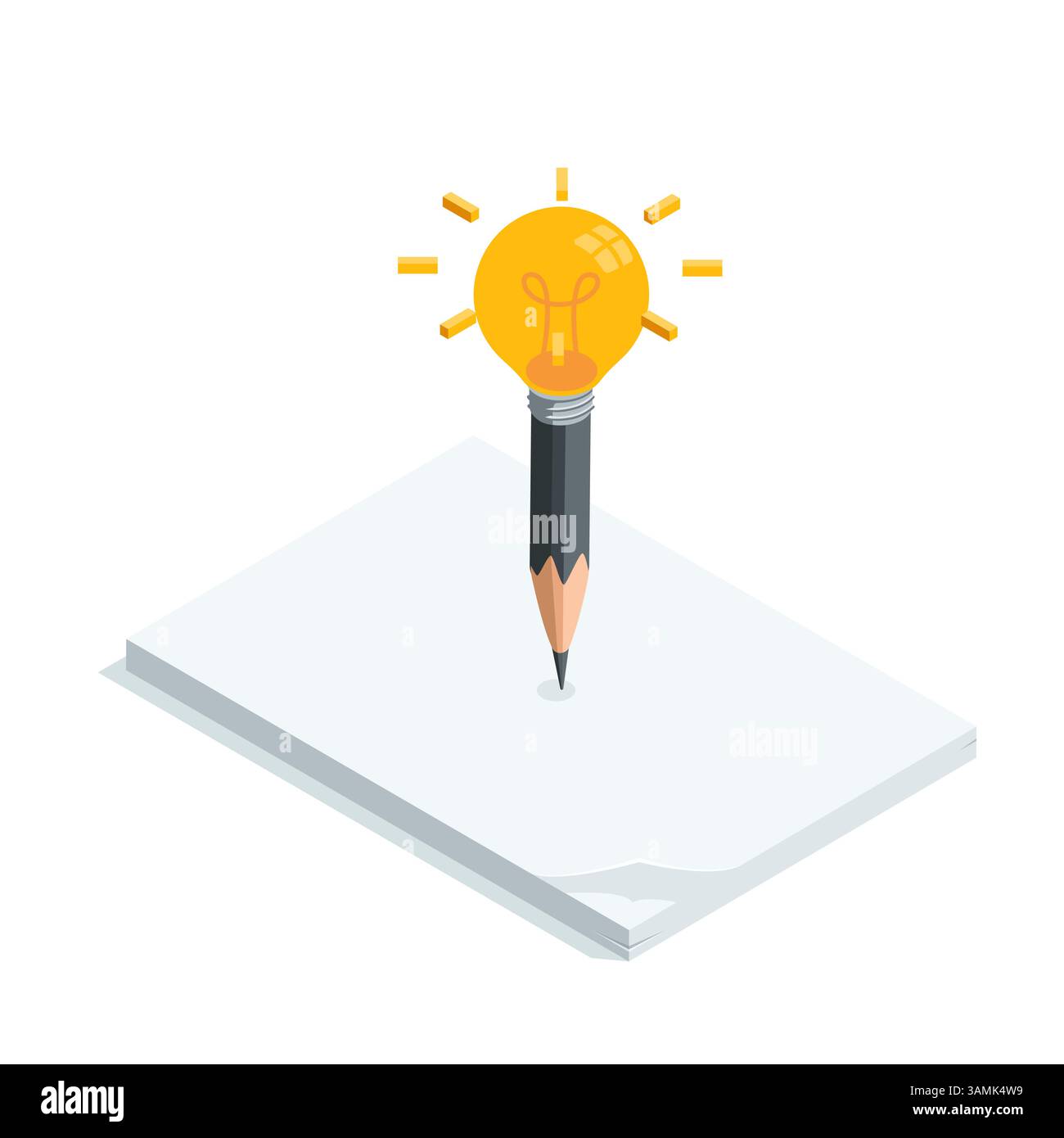 isometric vector pencil with a light bulb on a stack of papers, in ...