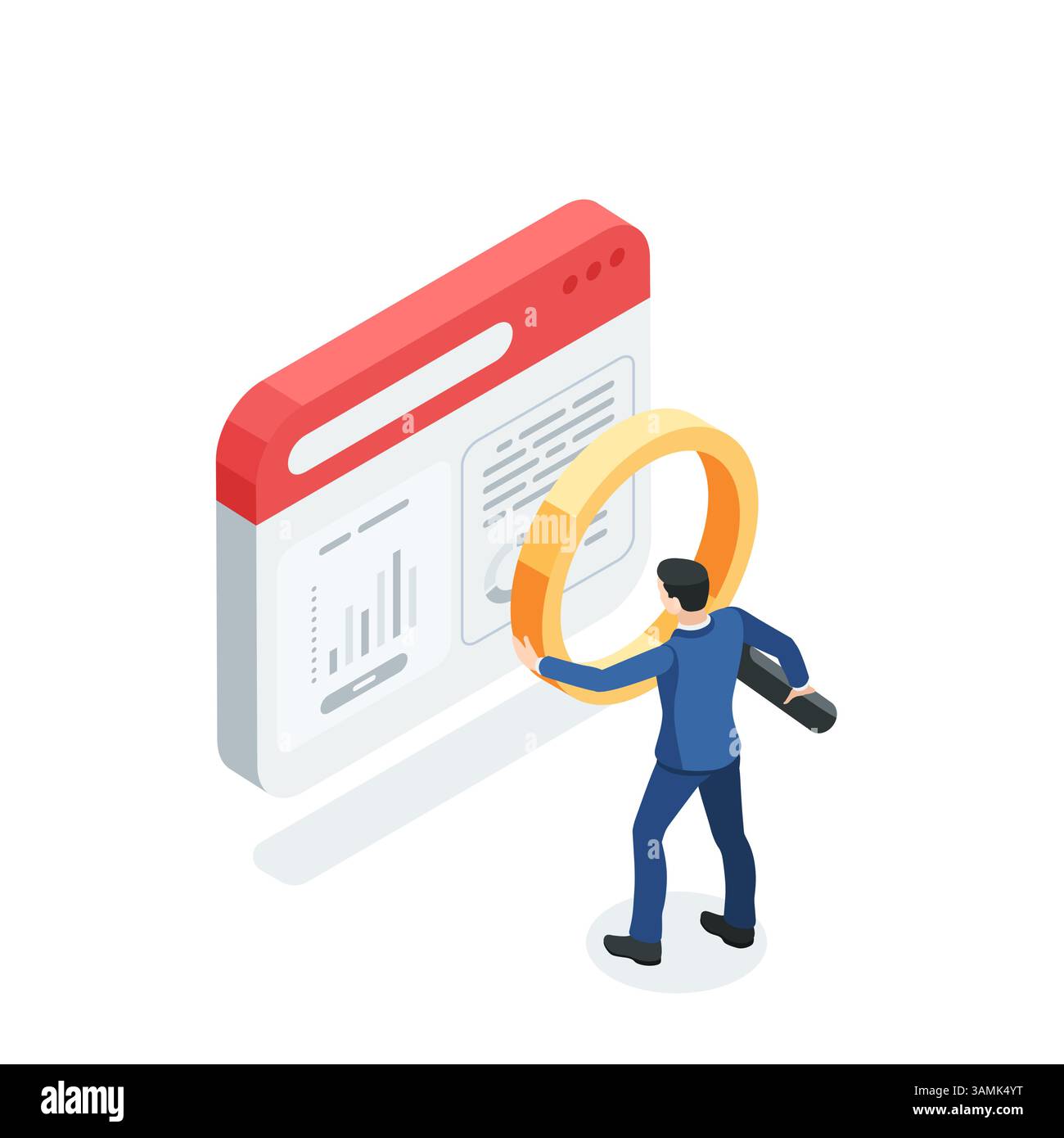 isometric vector business man with a magnifying glass looking at data ...