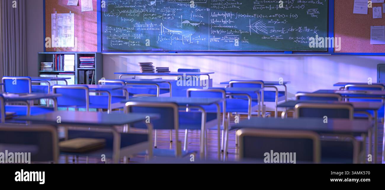 Empty classroom with math equations on chalkboard 3d Stock Photo - Alamy