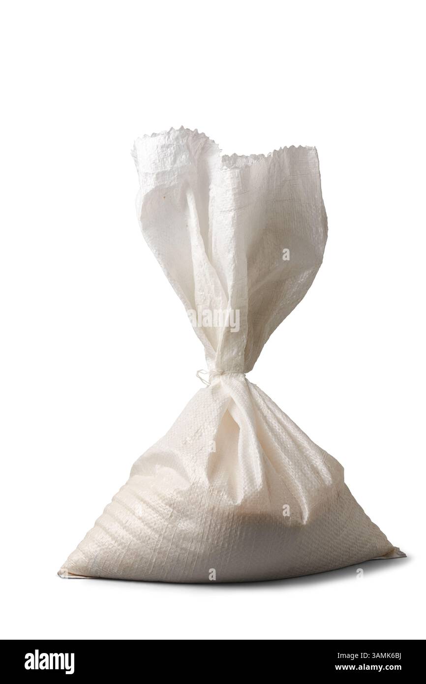 white polypropylene pp bag or sack full of rice grains isolated white ...