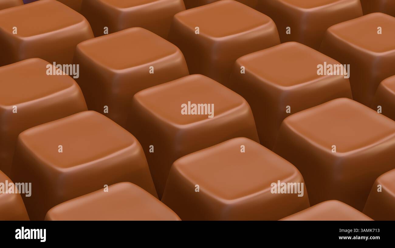 Rich, smooth chocolate squares are aligned uniformly on a conveyor belt ...