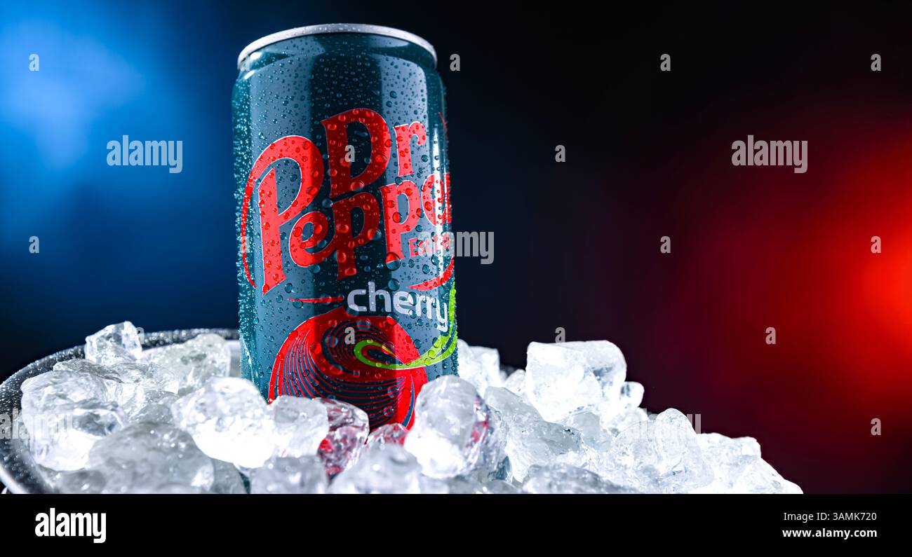 POZNAN, POL - MAR 21, 2025: Can of Dr Pepper, a carbonated soft drink ...