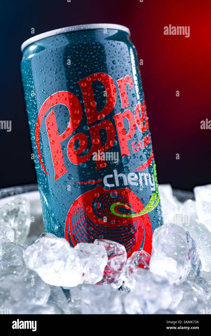 POZNAN, POL - MAR 21, 2025: Can of Dr Pepper, a carbonated soft drink ...