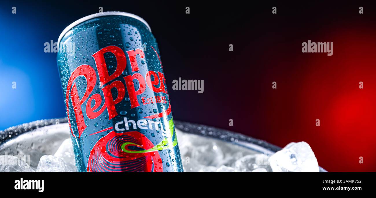 POZNAN, POL - MAR 21, 2025: Can of Dr Pepper, a carbonated soft drink ...