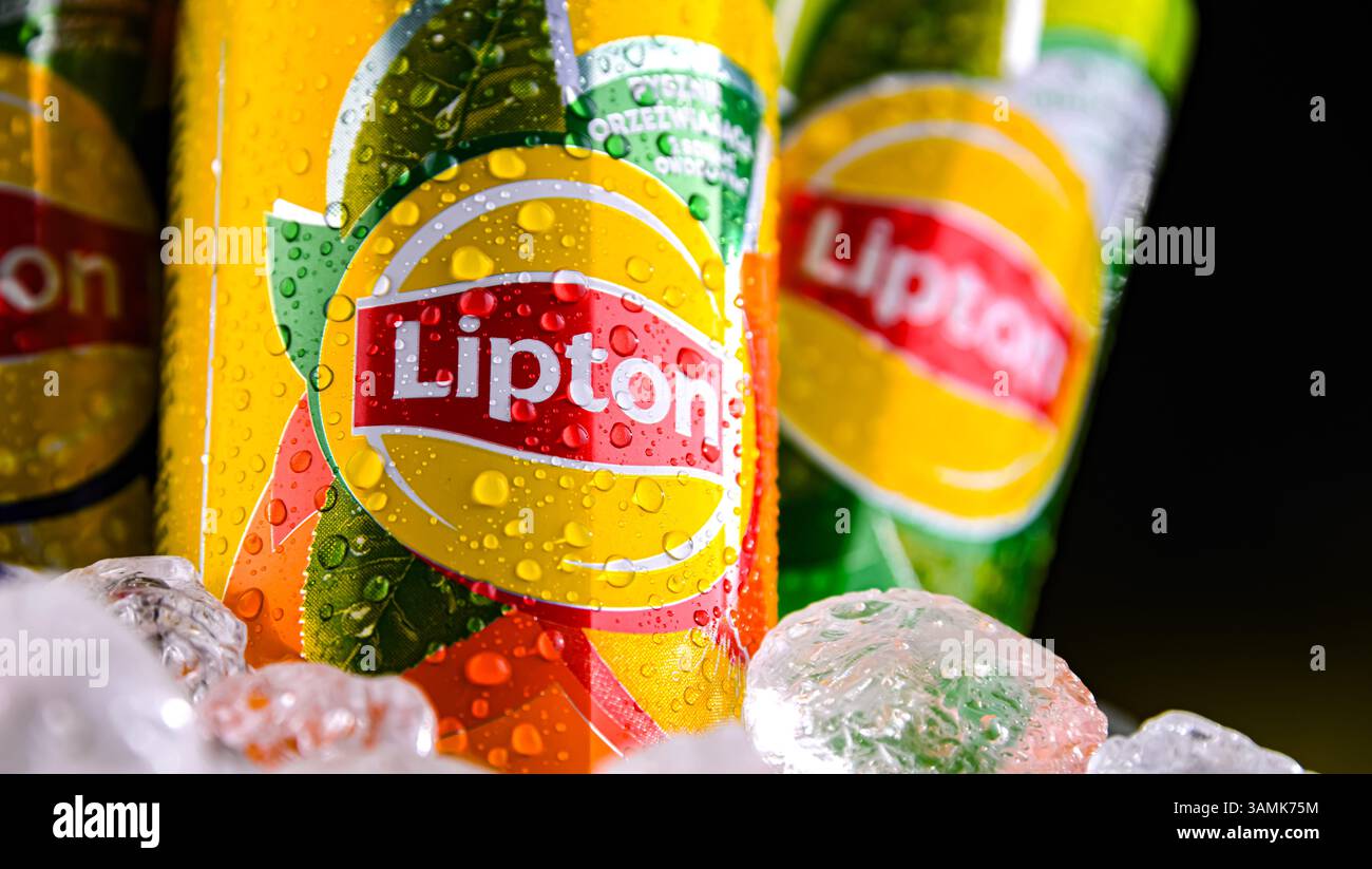POZNAN, POL - APR 01, 2025: Cans of Lipton Ice Tea, a soft drink ...