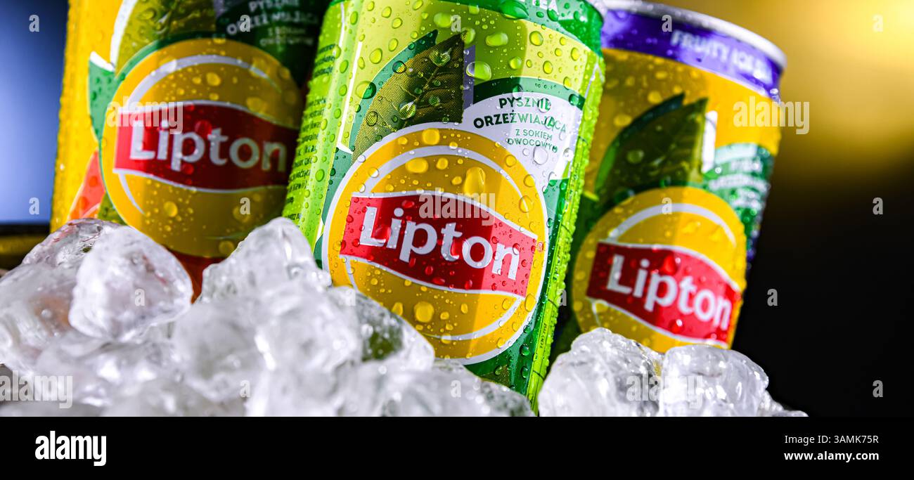 POZNAN, POL - APR 01, 2025: Cans of Lipton Ice Tea, a soft drink ...