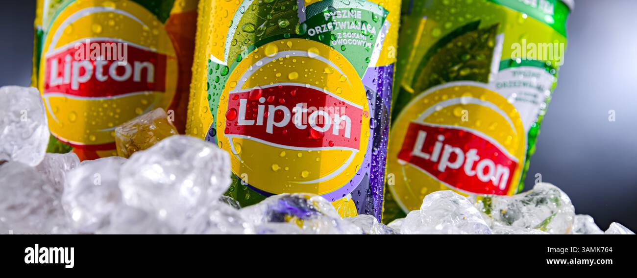 POZNAN, POL - APR 01, 2025: Cans of Lipton Ice Tea, a soft drink ...