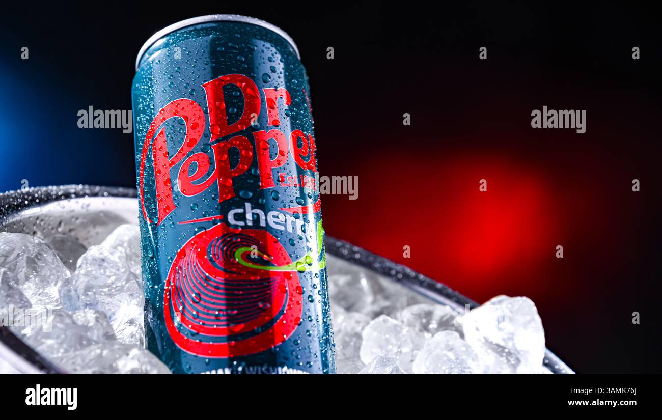 POZNAN, POL - MAR 21, 2025: Can of Dr Pepper, a carbonated soft drink ...