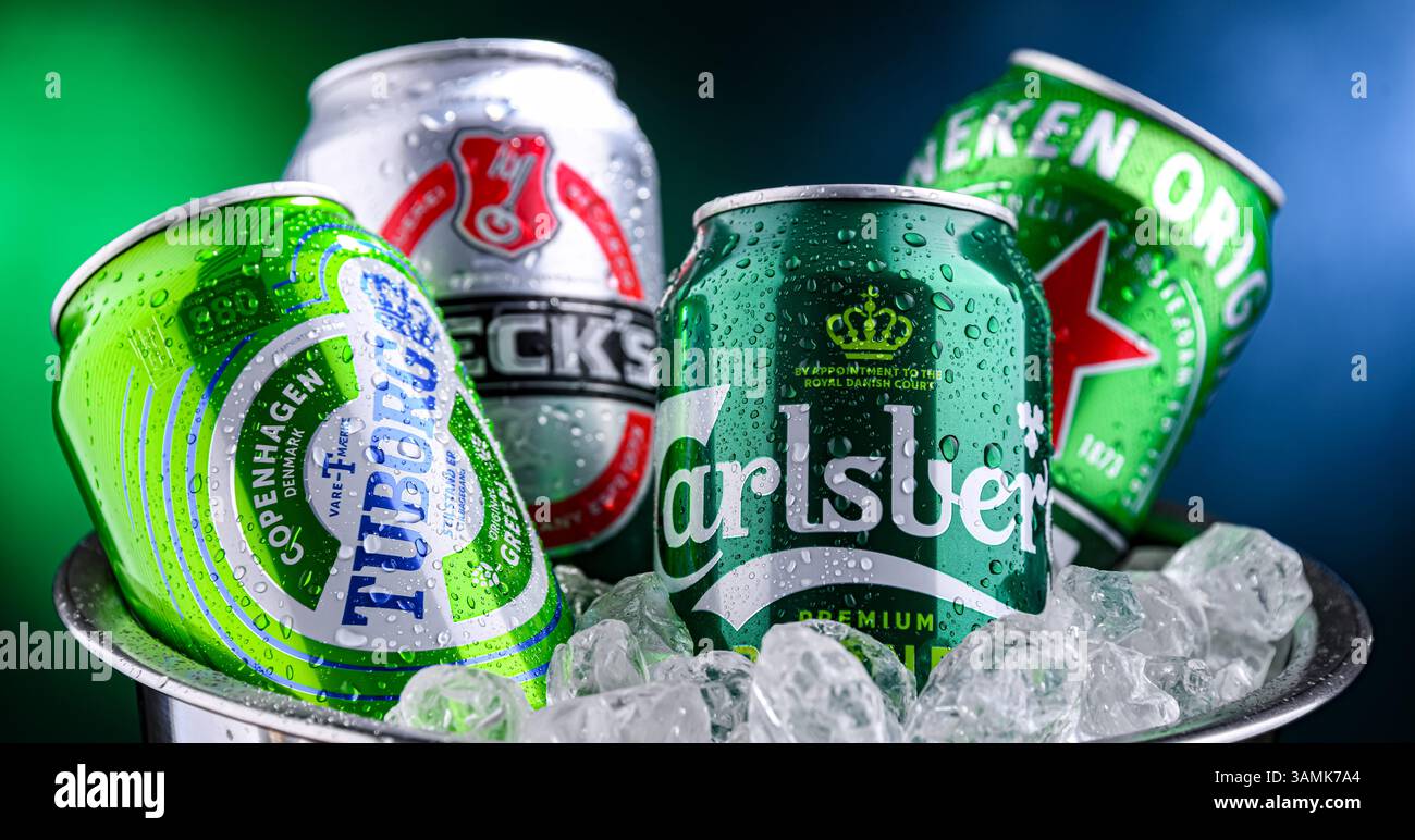 POZNAN, POL - APR 04, 2025: Cans of popular global beer brands ...