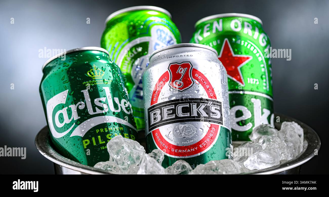 POZNAN, POL - APR 04, 2025: Cans of popular global beer brands ...