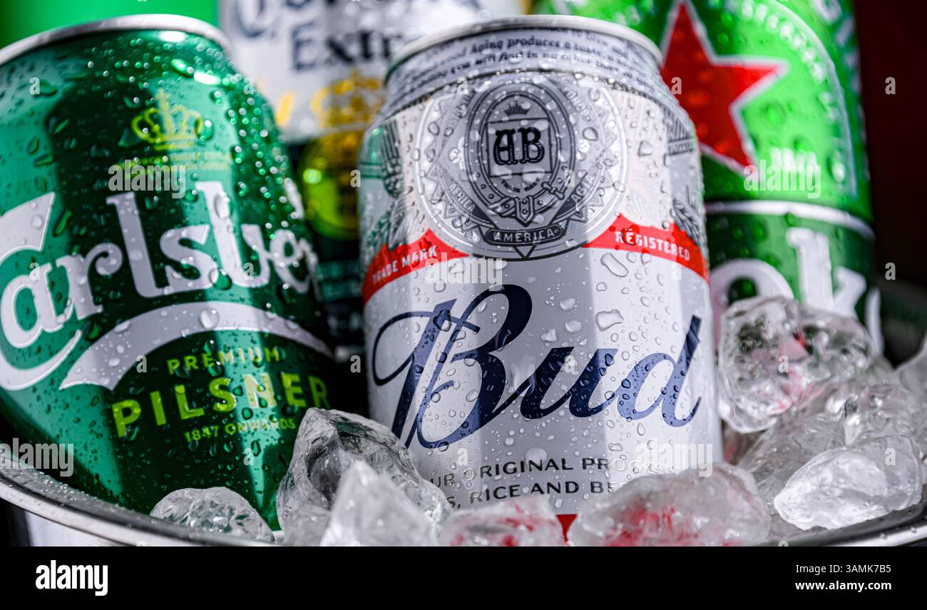POZNAN, POL - APR 04, 2025: Cans of popular global beer brands ...