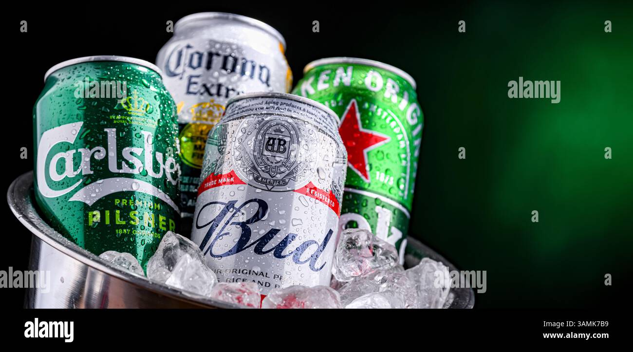POZNAN, POL - APR 04, 2025: Cans of popular global beer brands ...