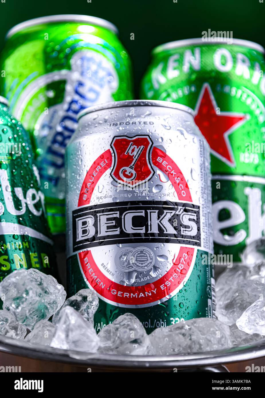 POZNAN, POL - APR 04, 2025: Cans of popular global beer brands ...