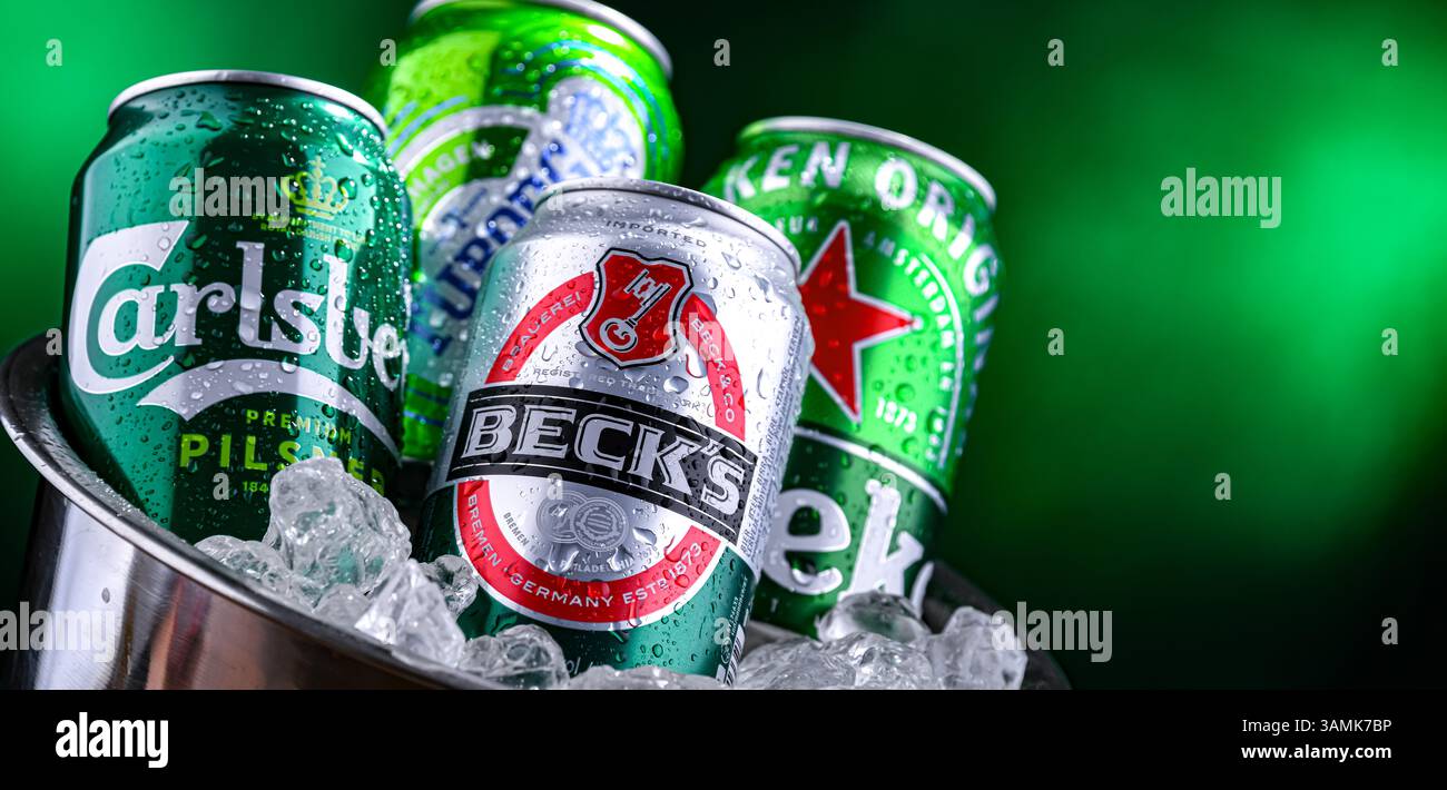 POZNAN, POL - APR 04, 2025: Cans of popular global beer brands ...