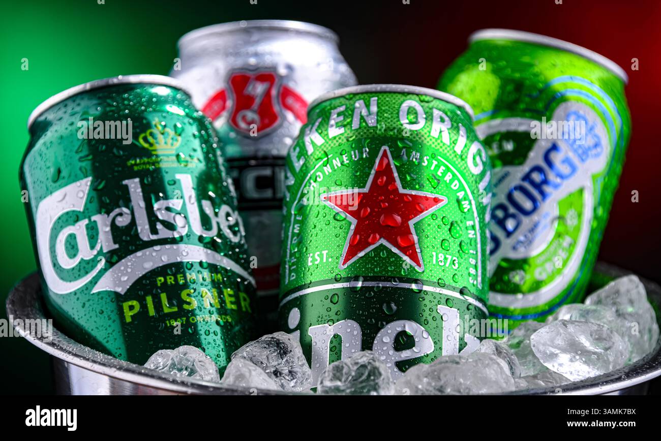 POZNAN, POL - APR 04, 2025: Cans of popular global beer brands ...