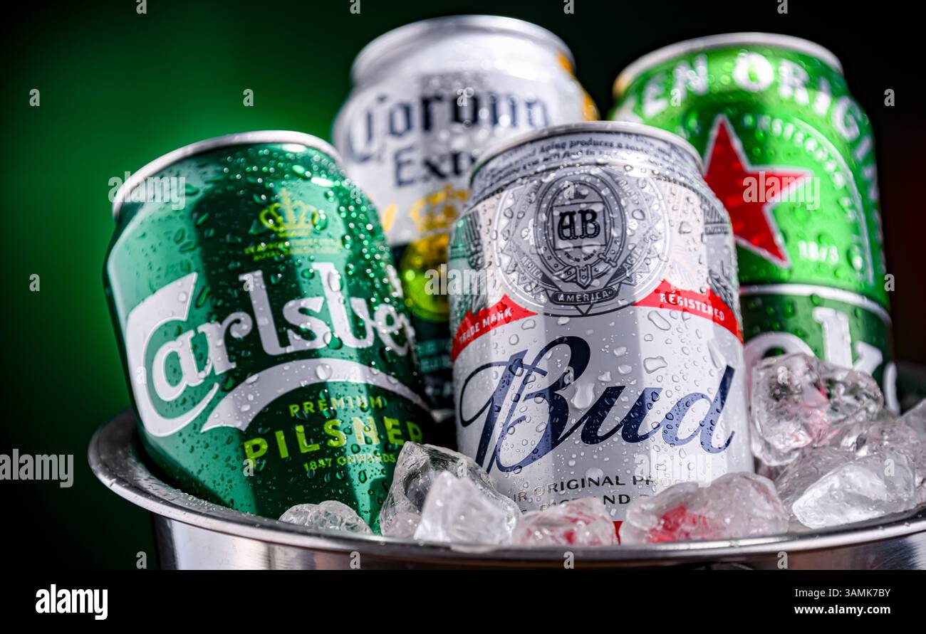 POZNAN, POL - APR 04, 2025: Cans of popular global beer brands ...