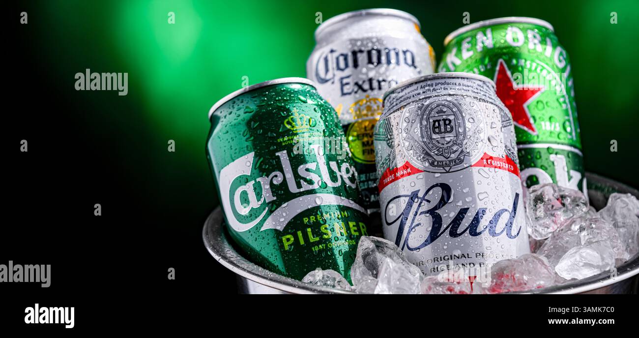 POZNAN, POL - APR 04, 2025: Cans of popular global beer brands ...