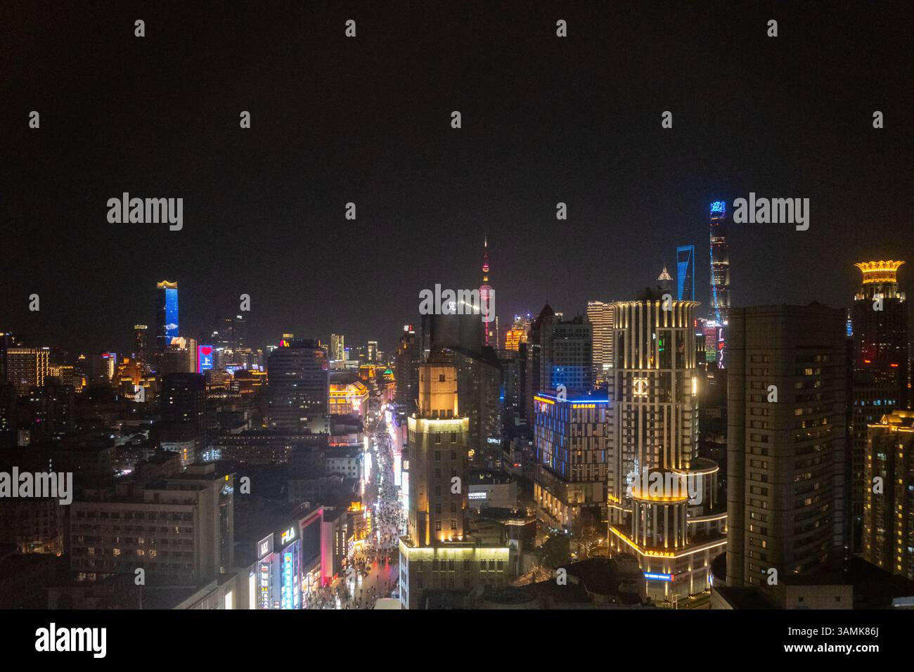 March 29, 2025. China, Shanghai night lights cityscape, city center ...