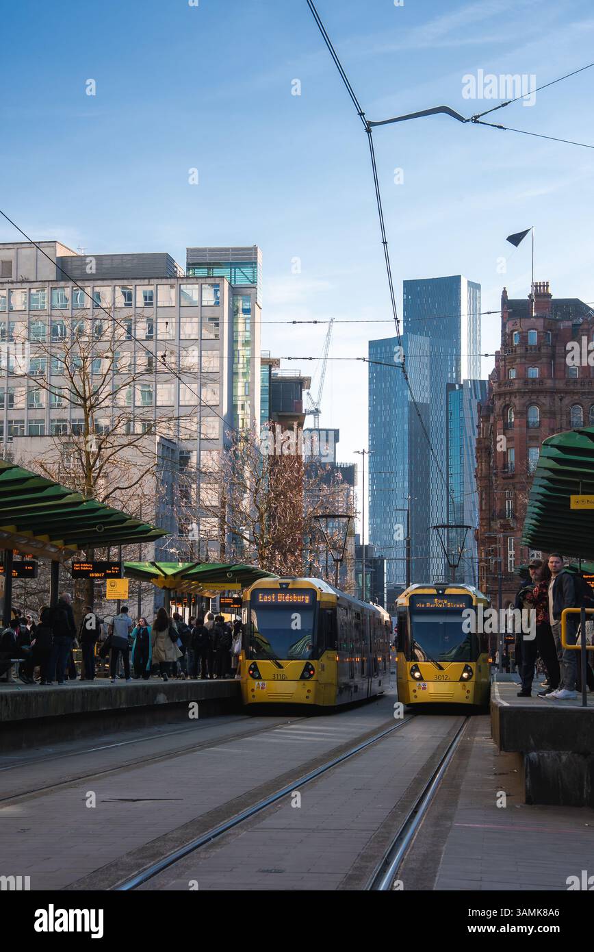 Manchester Metrolink Trams at Station with Beetham Tower in View Stock ...