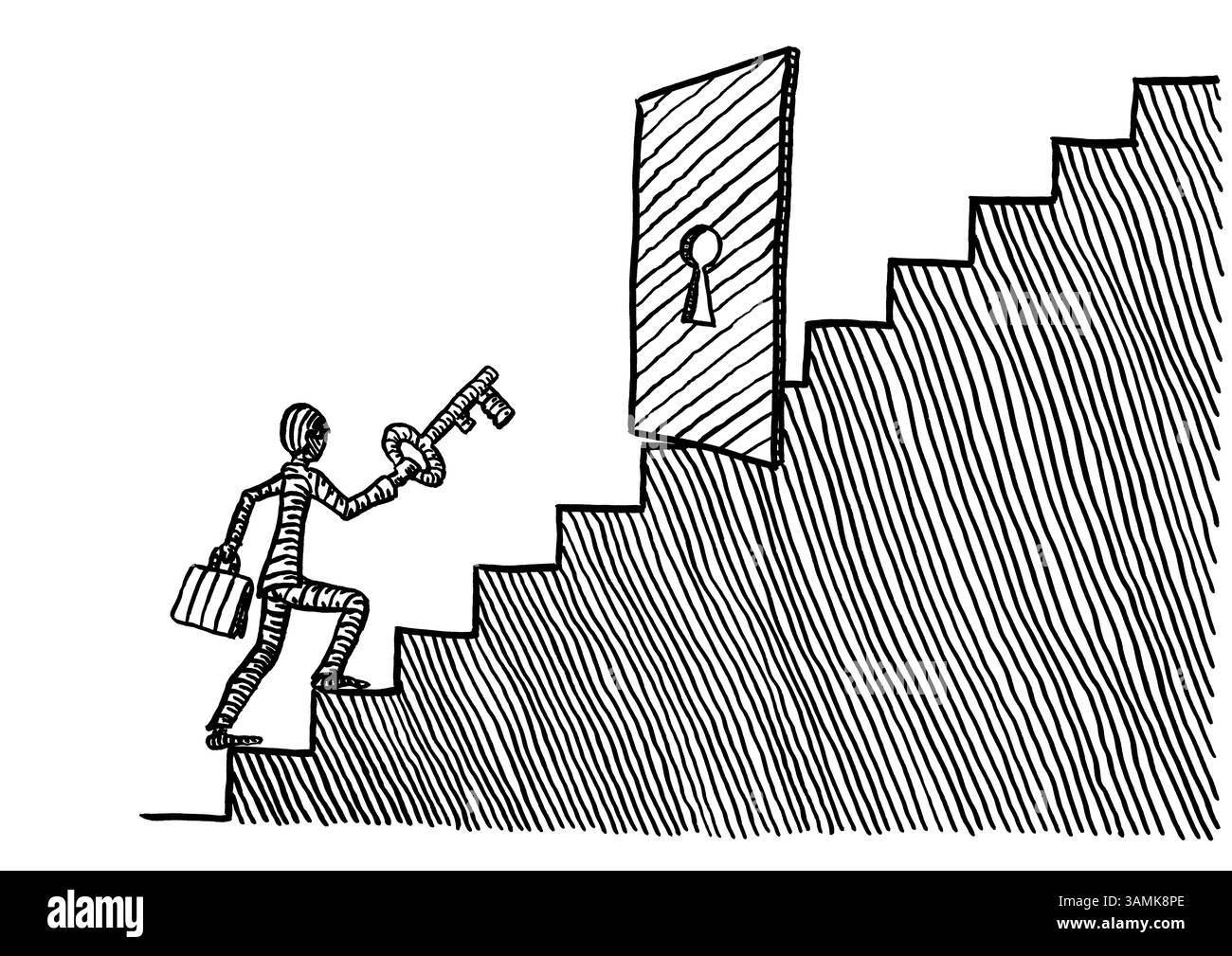 Freehand pen drawing of a business man with big key in hand approaching ...