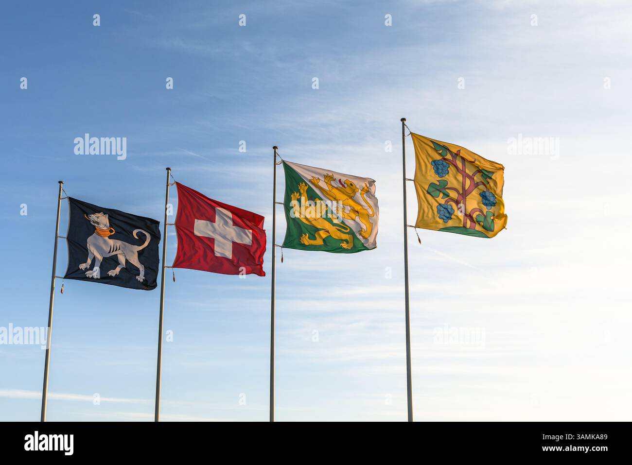 Flags fluttering in the wind against a blue sky background (from left ...