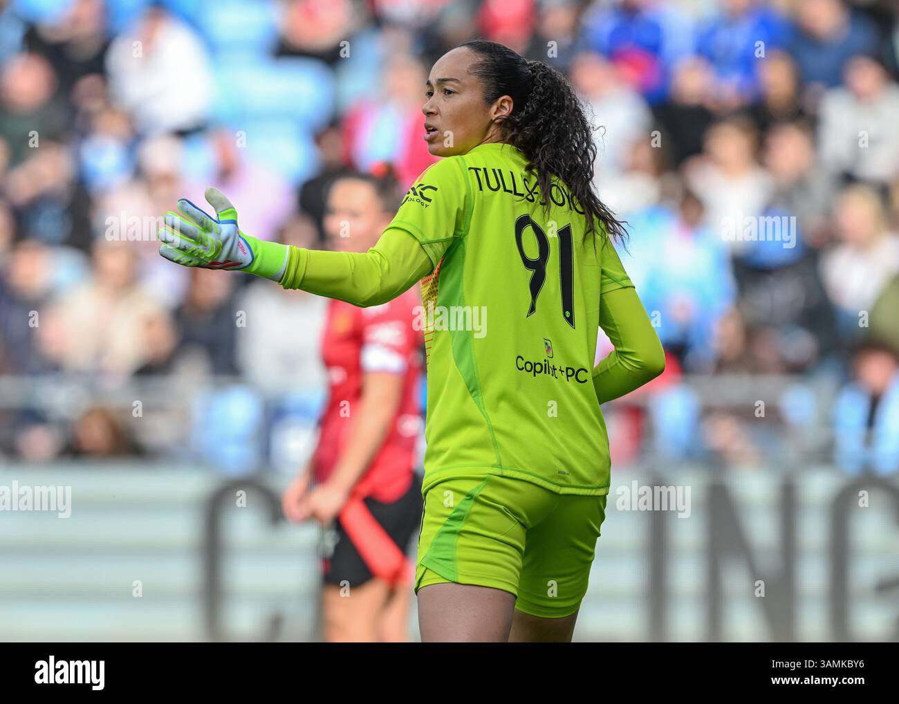 Manchester, UK. 13th Apr, 2025. Phallon Tullis-Joyce of Manchester United Women gestures during ...