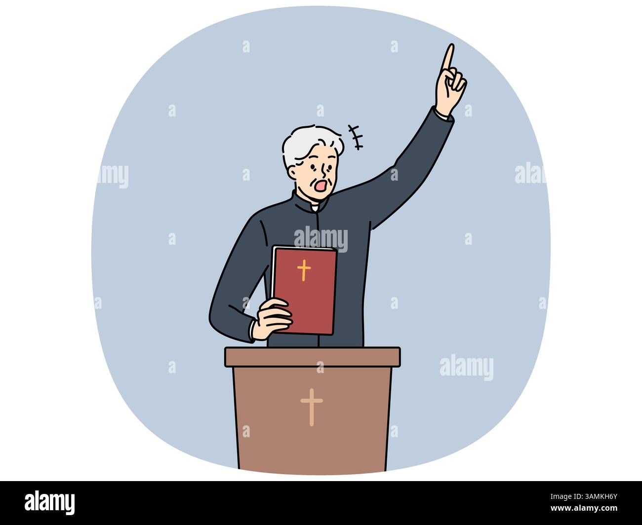 Priest with bible shouts and standing behind podium with christian ...
