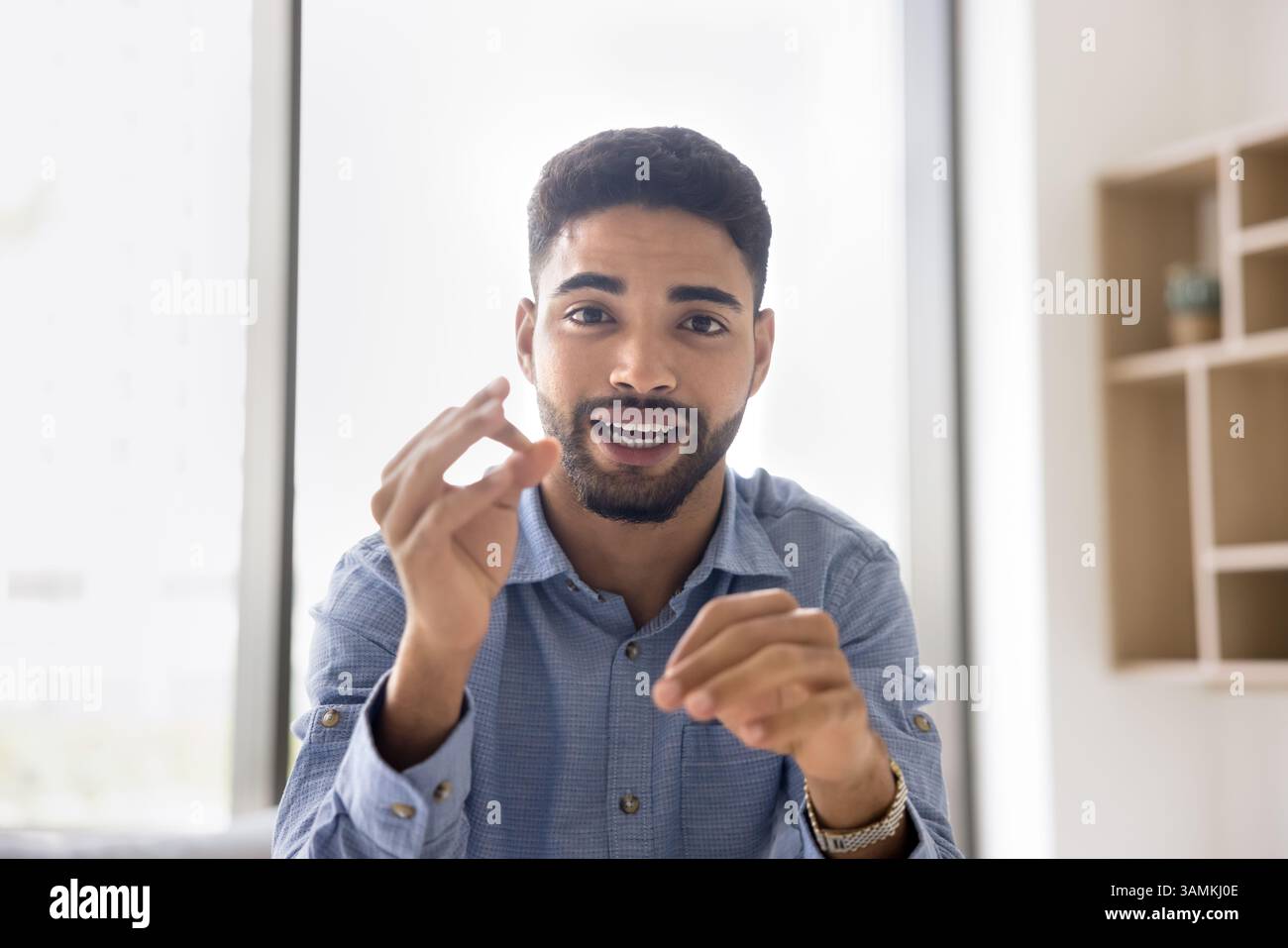 Screen view portrait young male speaking on web conference Stock Photo ...