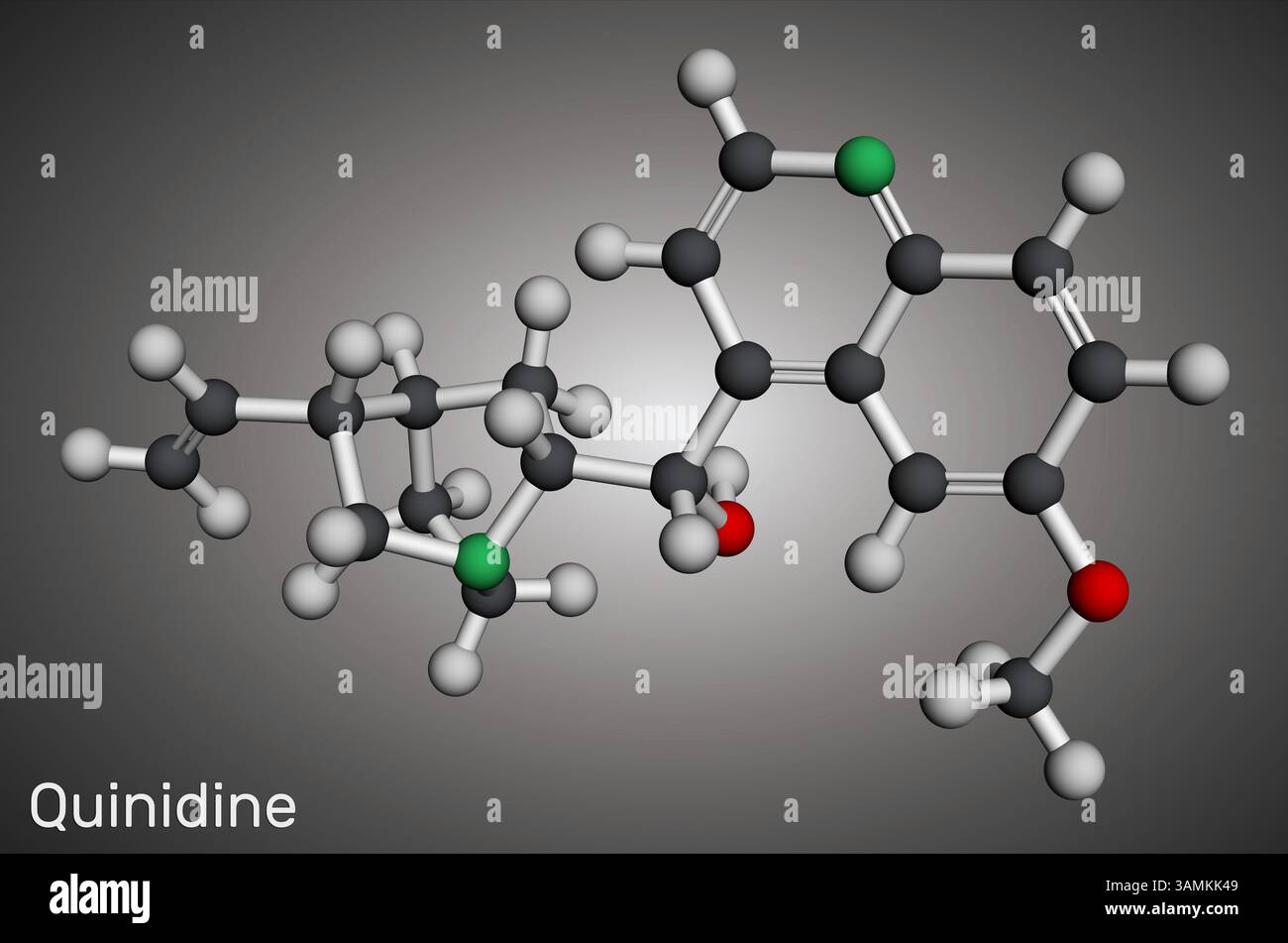 Quinidine molecule. An antiarrhythmic drug, cyp2d6 inhibitor. Molecular ...