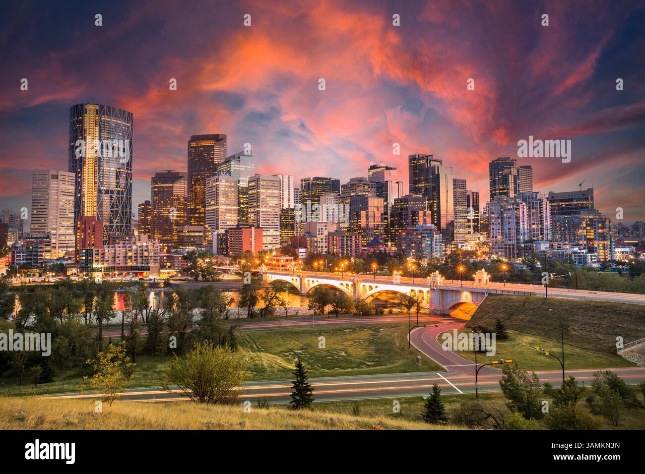 Calgary downtown city skyline in Alberta Canada at night Stock Photo ...
