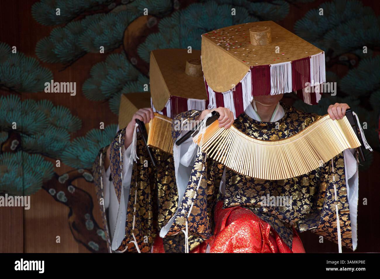 May 16, 2014 - Tokyo, Japan - Men wearing traditional costumes playing ...