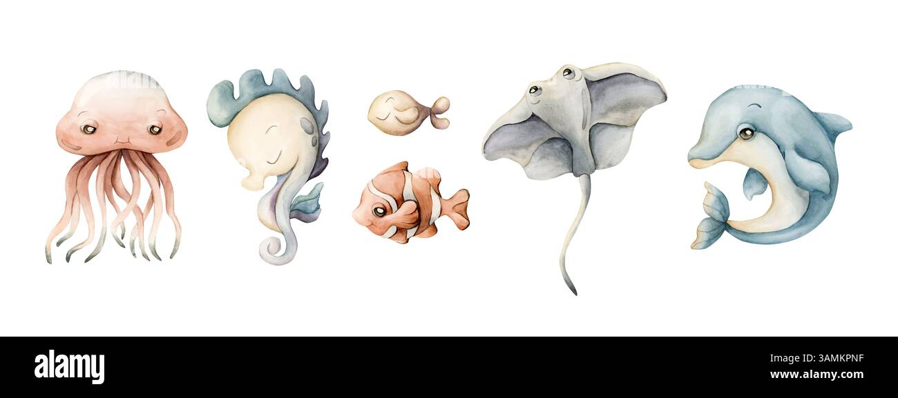Sea Animals Dolphin Seahorse Jellyfish Stingray Fishes Watercolor ...
