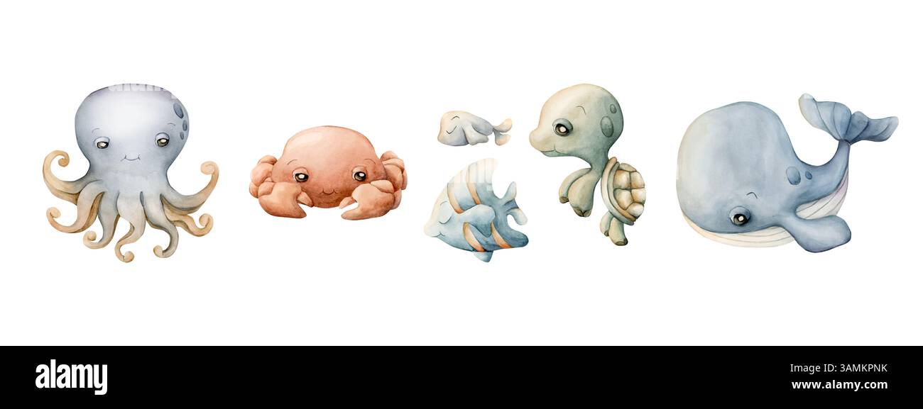 Sea Animals Whale Octopus Turtle Crab Fishes Watercolor Clipart ...