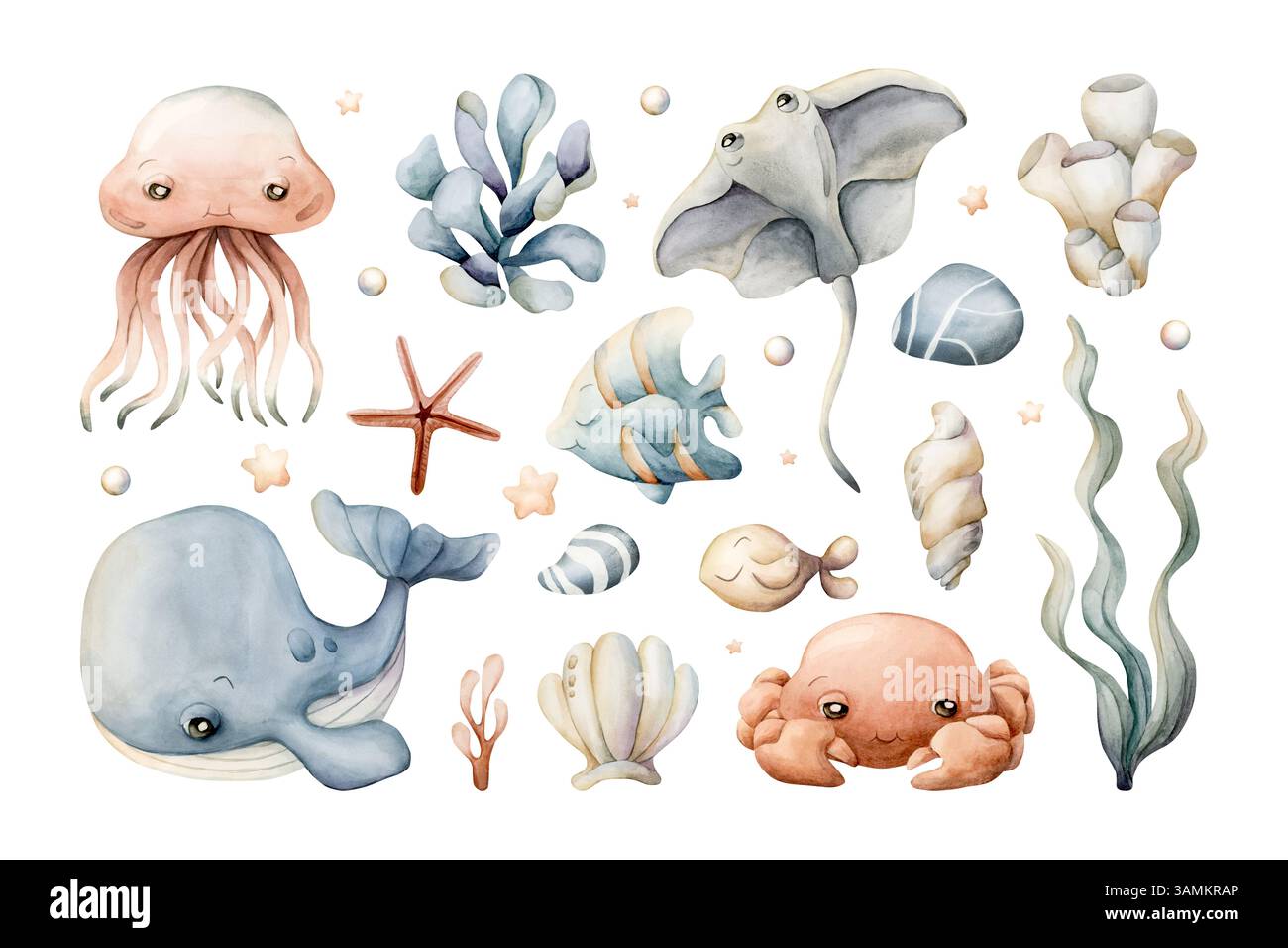 Sea animals and plants clipart set. Cute Ocean Whale Jellyfish Stingray ...
