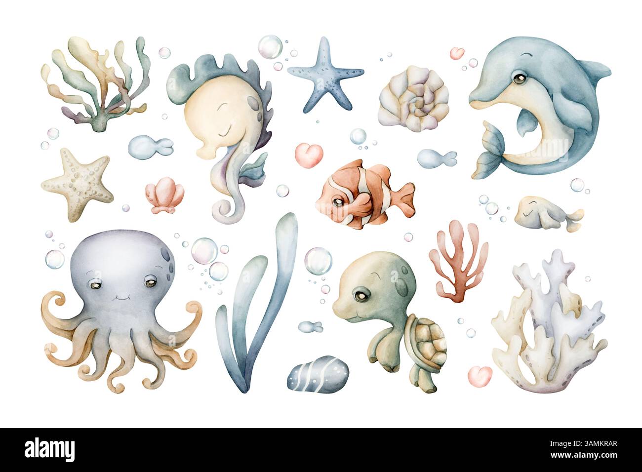 Sea animals and plants clipart set. Cute Ocean Dolphin Octopus Seahorse ...