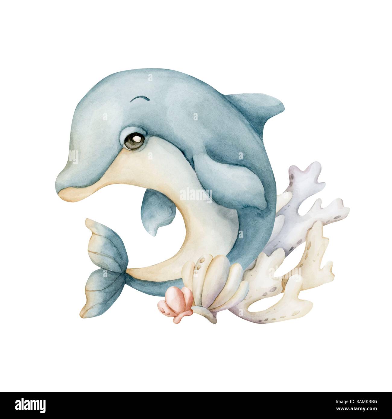 Cute Dolphin Sea Corals Shells. Marine ocean animals. Adorable soft ...