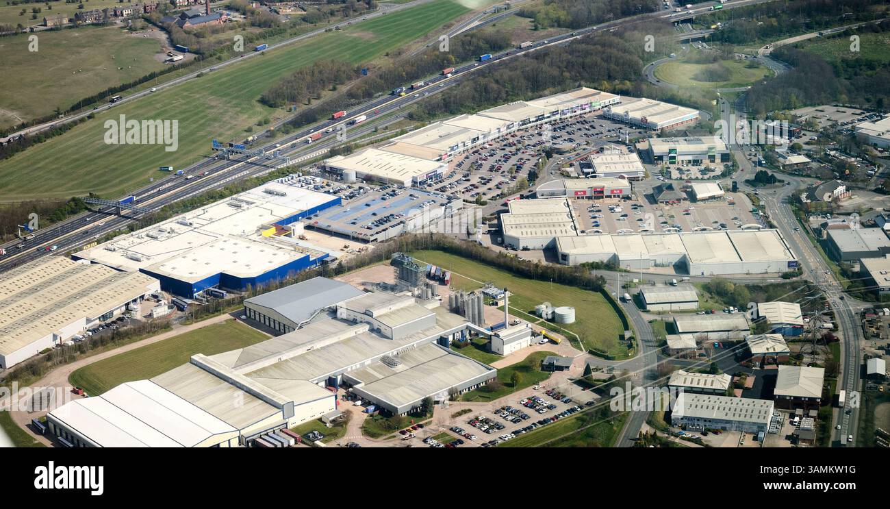 An aerial view of Junction 27 retail park adjacent to the M62, Birstall ...