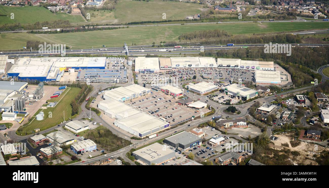 An aerial view of Junction 27 retail park adjacent to the M62, Birstall ...