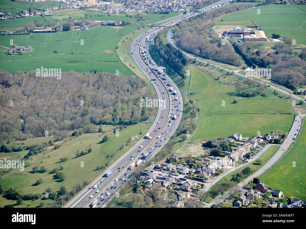 An aerial view of queueing traffic on the M62 Motorway, at Huddersfield ...