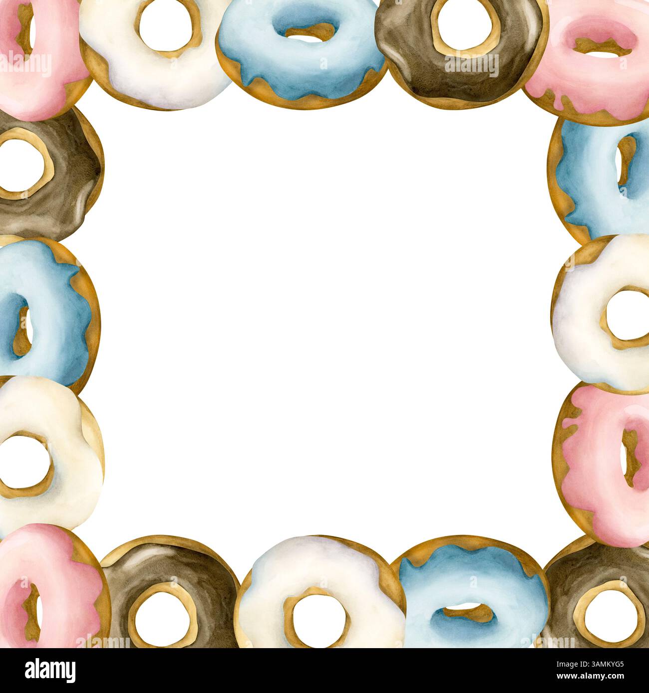 Cute donut frame. White, blue, pink and chocolate glaze doughnuts ...