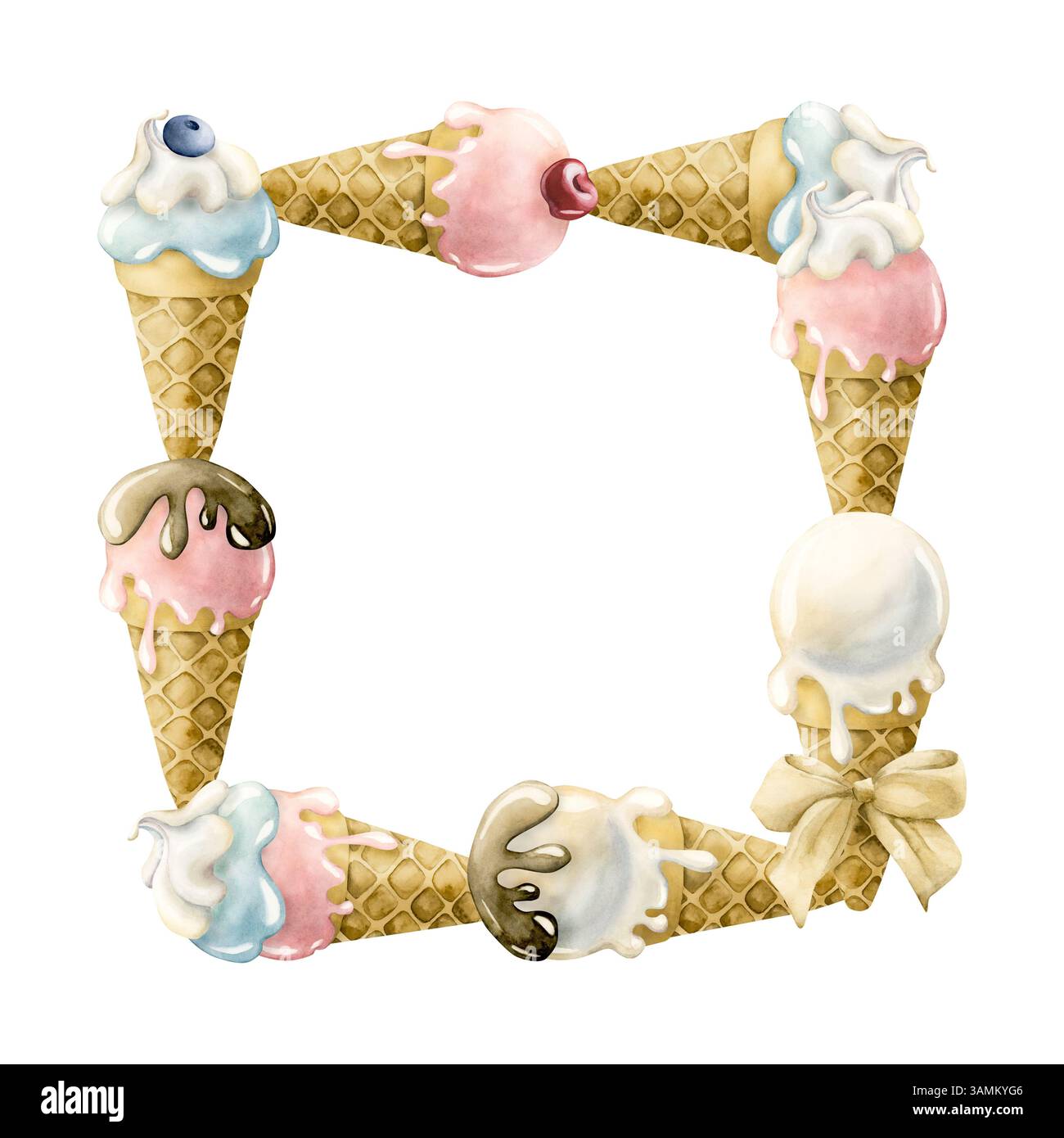 Cute ice cream waffle cone frame. Watercolor hand painted food ...