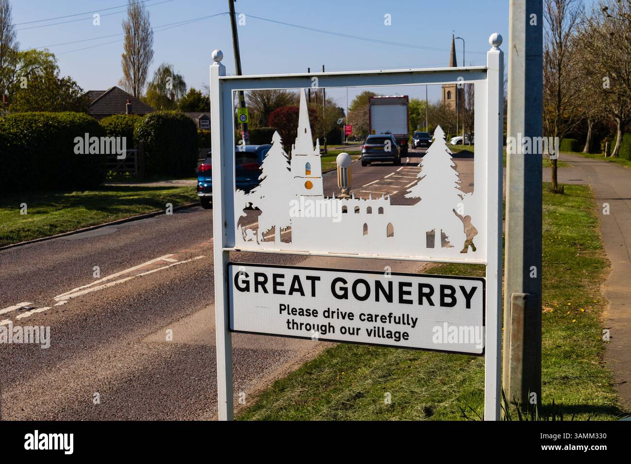 Village welcome sign in white pierced metal, Great Gonerby, Grantham ...