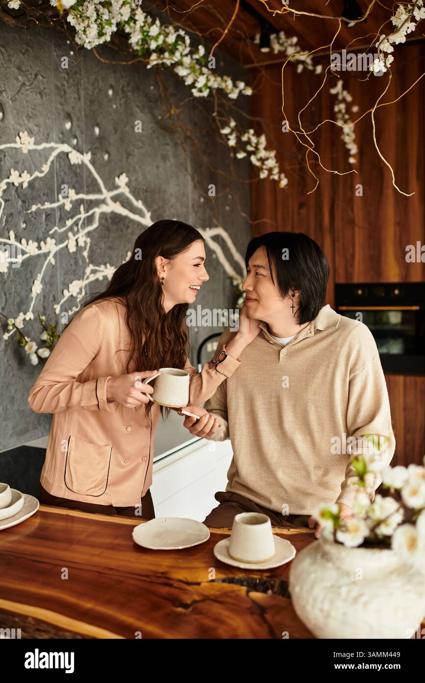 A vibrant couple engages in sweet conversation while enjoying a cozy ...