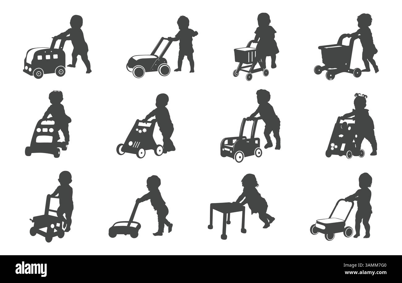Baby walking with walker vector, Baby walking walker silhouette ...